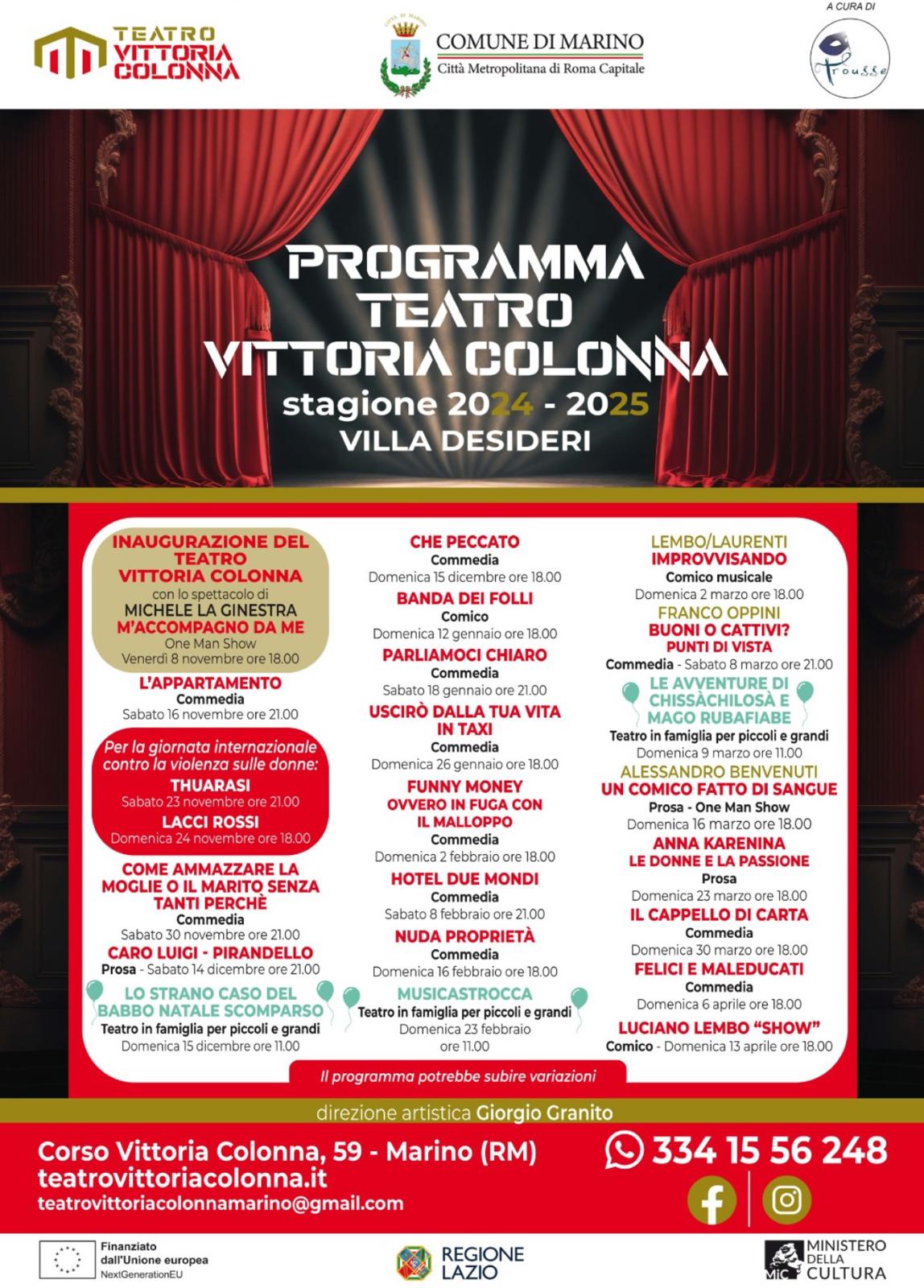 INAUGURAZIONE E STAGIONE 2024-2025 DEL TEATRO VITTORIA COLONNA DI MARINO(RM) - VENTONUOVO